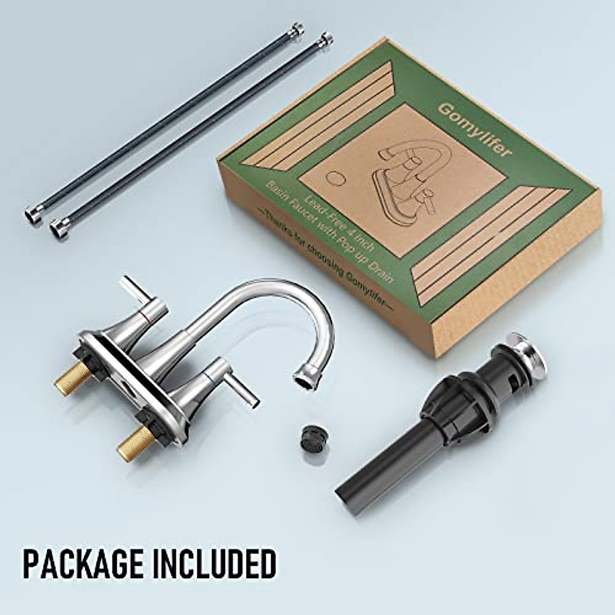 Bathroom Faucets for Sink, Gomylifer Bathroom Sink Faucet 2 Handle，4 Inch Centerset Sink Faucet with Pop Up Drain and Supply Hoses,Stainless Steel 360 Swivel Spout, Lead-Free, Brushed Nickel