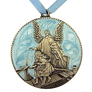 Pewter and Enamel Crib Medal with Guardian Angel for Baby Nursery Decor, 3 Inch (Blue)