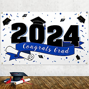 LASKYER 2024 Congrats Grad Graduation Party Decorations - Class of 2024 Large Hanging Photoprop Backdrop Banner,2024 Gard Sign Decorations - Blue.
