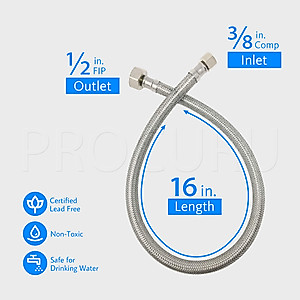[2-Pack] PROCURU 16-Inch (1.3Ft) x 3/8" Comp x 1/2" FIP Faucet Hose Connector, Stainless Steel Braided Supply Line, Certified Safe (9SF16-2P)