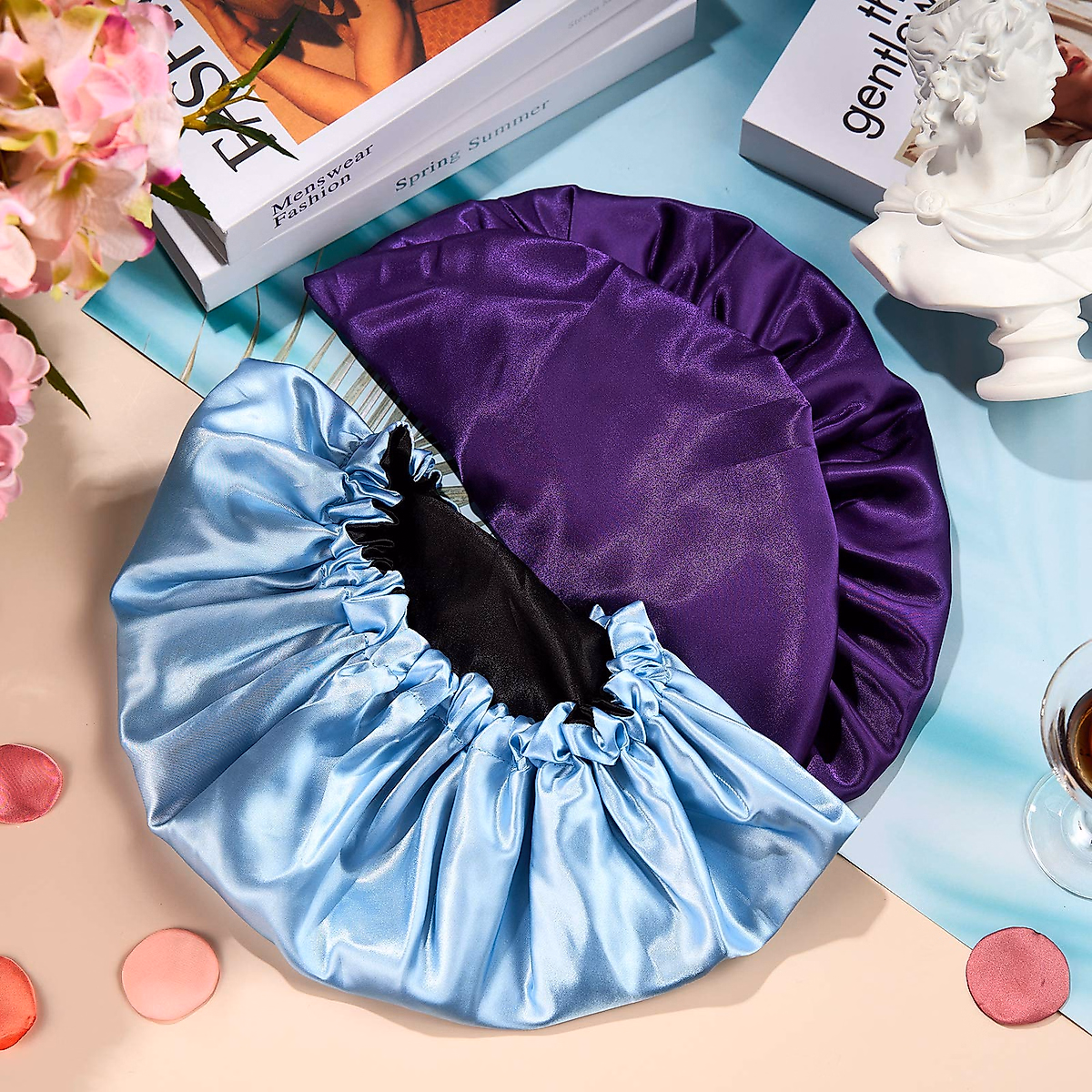 Geyoga 4 Pieces Silk Satin Bonnet Sleep Cap Extra Large Hair Bonnet for Sleeping Double Layer Reversible Hair Cap for Women Natural Curly Hair