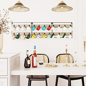 IBUYKE Mug Racks for Wall,Set of 3, 24-Hook Large Mug Rack Wall Mounted, Rustic Wood Coffee Mug Display Organizer for Kitchen, Home,Bar, Coffee Station,Greige UTBJ005Y-3