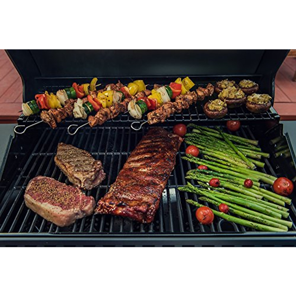 Megamaster 720-0982 5 Burner Propane Barbecue Gas Grill, Side Shelves with Hooks, for Outdoor Cooking, Patio, Garden Barbecue Grill, 50000 BTUs, Open Chart, Black