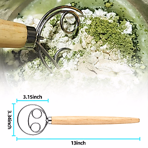 13-Inch Danish Dough Whisk - Wooden Danish Whisk for Dough with Stainless Steel Dough Hook - Traditional Dutch Whisk - Bread Whisk for Sourdough, Pizza, Pastry, Cake Batter (Rubberwood，Silver, 1)