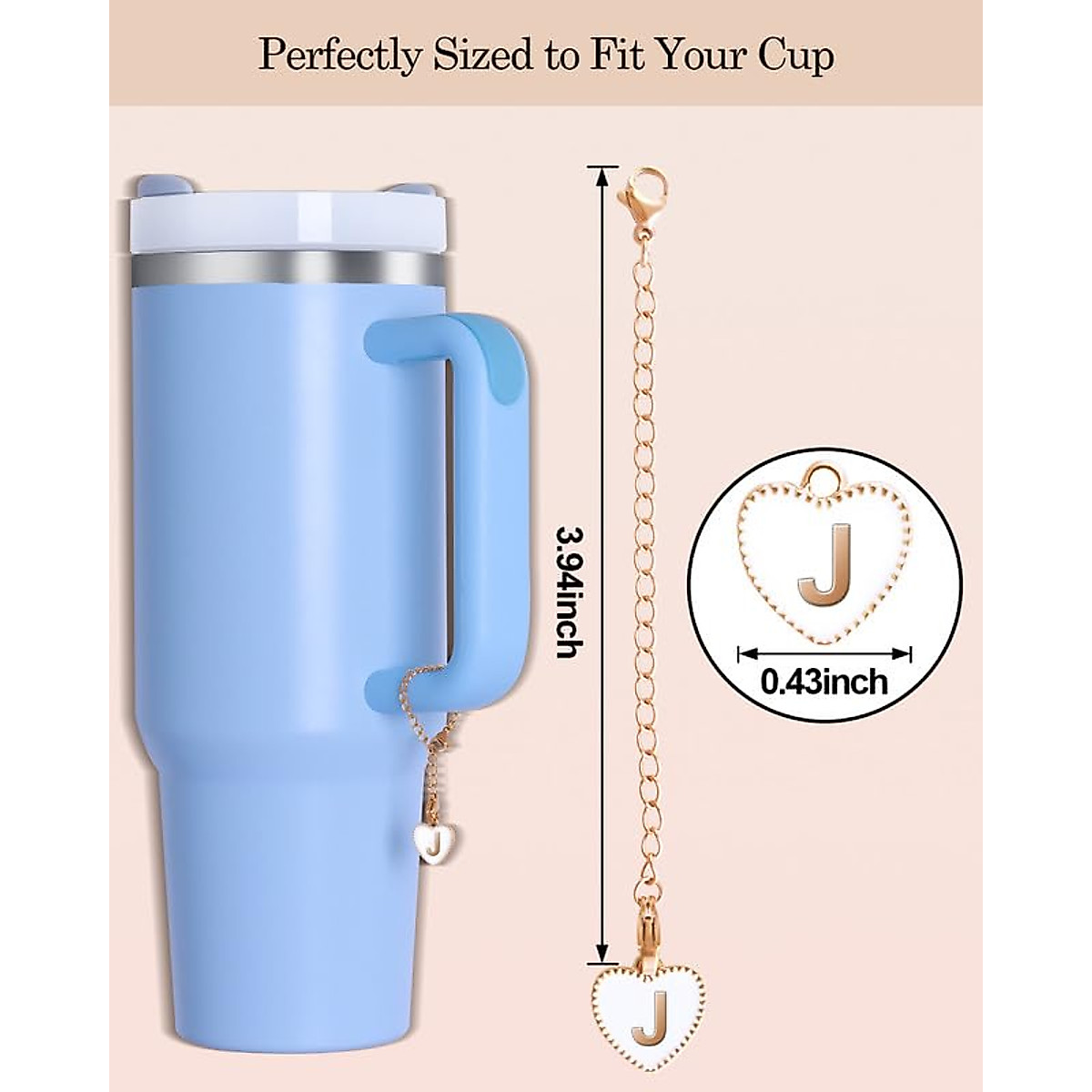 OriJoy Letter Charm Accessories for Stanley Cup, Name ID Letter Handle Charm For Stanley/Simple Modern Tumbler, Heart Shape Initial Identification Charms（J）