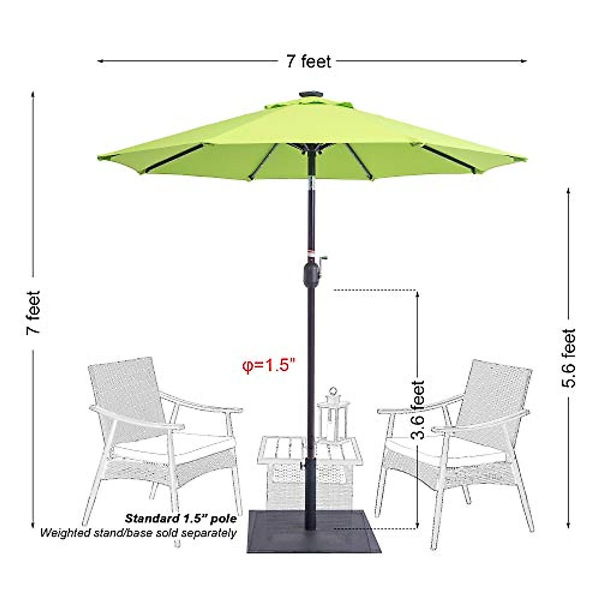 Sundale Outdoor 7 ft Solar-Powered 24 LED Lighted Patio Umbrella Table Market Umbrella with Crank & Push Button Tilt for Garden, Deck, Backyard, Pool, 8 Steel Ribs, Polyester Canopy (Apple Green)