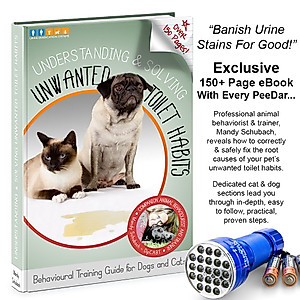 PeeDar 2.0 UV Pet Urine Detector Black Light Flashlight + Cat & Dog Behaviorist Book + 3 AAAs. Ultra Bright Optimal 380-385NM LEDs Find Invisible Stains Instantly! Rid Cat, Dog Pee Issues Forever.