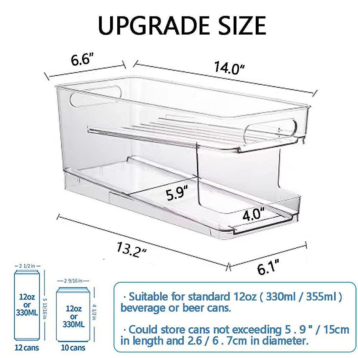 Soda Can Organizers for Refrigerator, 2-layer Automatic Rolling Beverage Storage Organizer for Freezer, Countertop, Cabinets & Pantry, Can Holder Dispenser Holds Up To 10 Cans (12oz) BPA Free, Clear