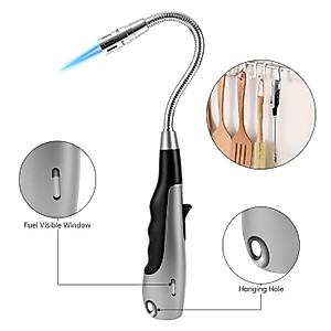 Butane Lighter Torch Long Lighter Jet Flame Windproof Lighter with Visual Fuel Window for Fireplace Kitchen Grill BBQ Camping, Black (No Butane Included)