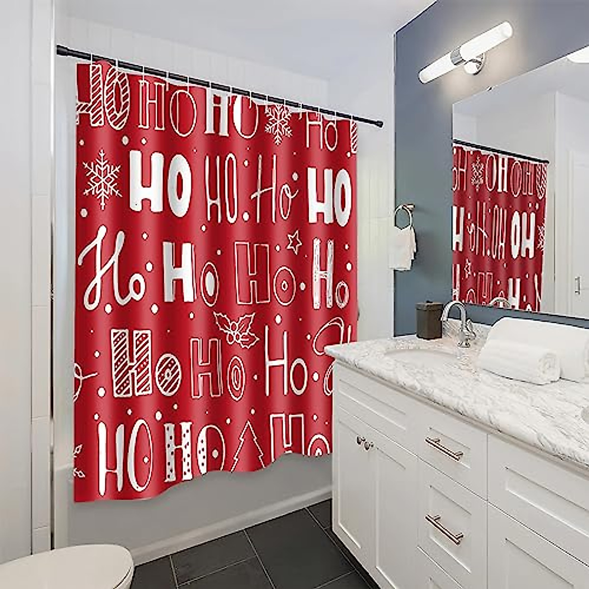 APROPHIC Funny Christmas Shower Curtain for Bathroom Decor Ho Ho Ho Snowflakes Xmas Winter New Year Holiday Red Waterproof Polyester Fabric Shower Curtain Set with 12 Hooks 72x 72 Inches