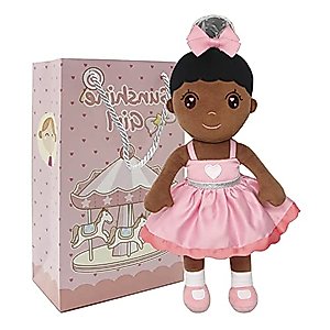 Maxshop Plush Dolls 17'' First Baby Doll for Kids Super Soft Plush Toy (Pink Dress Princess Black Doll)