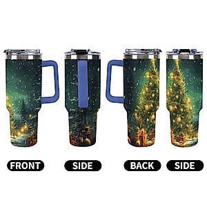 LLUTSNTH 40 Oz Vacuum Tumbler with Deep Blue Handle Leakproof Insulated Tumbler Christmas Trees Stainless Steel Travel Mug with Lid And Straw Coffee Cup Cute Water Bottles Cup Holder Friendly