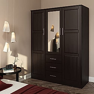 Palace Imports Cosmo Solid Wood 3-Door Wardrobe with Mirror and 3 Drawers, White. Additional Shelves Sold Separately.