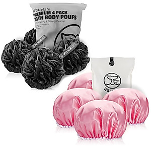 Bath Loofahs Sponge Natural4 Pack (Black) & Shower Cap 4pack (Pink) for Men and Women