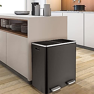 AthLike 60L(16 Gal) Dual Trash Can, Stainless Steel Kitchen Garbage Can, Double Compartment Classified Rubbish Bin, Recycle Dustbin w/Plastic Inner Buckets, Handle, Soft-Close Lid, Airtight