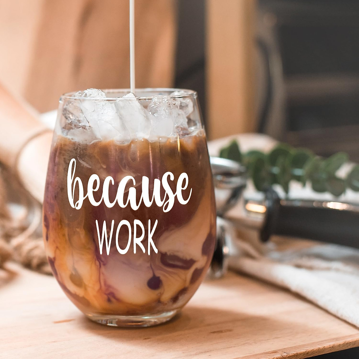 Fatbaby Funny Wine Glass Gifts For Coworker, Humorous Office Gift For Boss Lady,Secretary,Work Besties,Christmas Birthday Gag Gifts for Employee,Friends, Because Work Stemless Wine Glass 15OZ