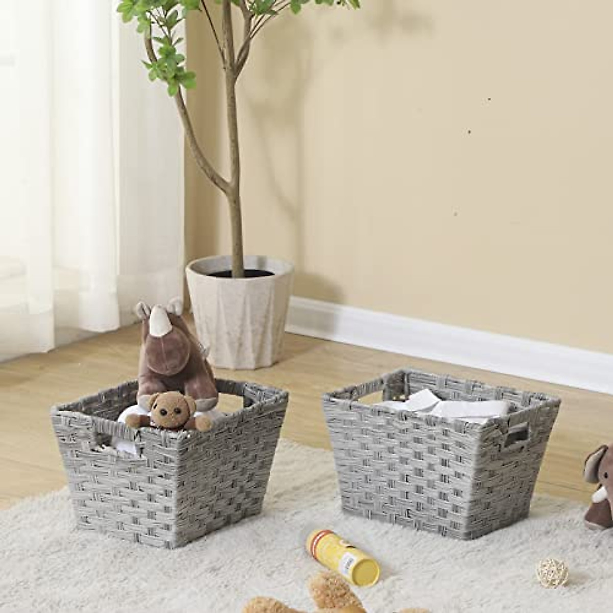 Wicker Baskets With Handles, Grey Rattan Waterproof Woven Basket For Storage , Wicker Storage Basket, Decorative Storage Basket, Easy To Clean (WHITE)