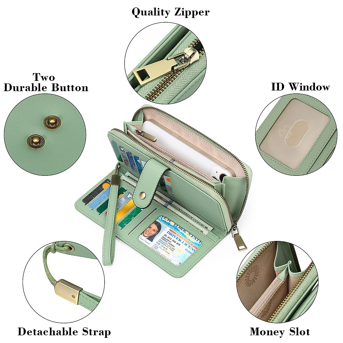 GAEKEAO Womens Wallet RFID Blocking Leather Wristlet Purse Large Capacity Credit Card Holder with Grip Hand Strap