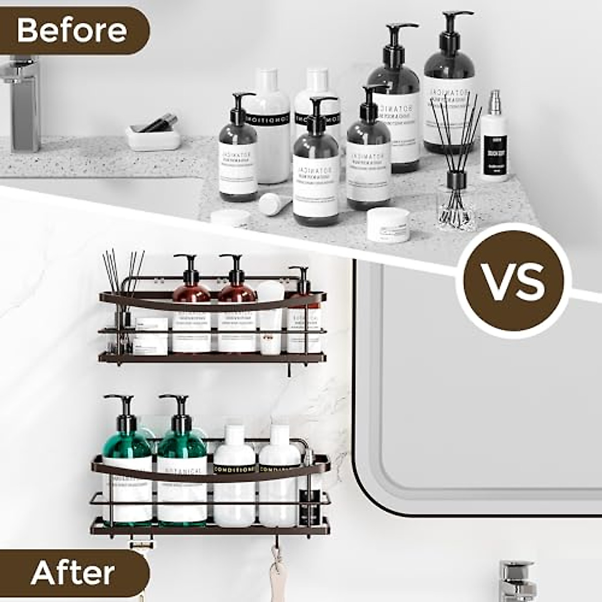 ODesign Shower Caddy Storage with Removable 4 Hooks Adhesive Shower Shelf Basket No Drilling Rustproof Bathroom Organizer - 2 Pack (Brown)