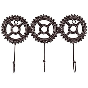 MyGift Brown Cast Iron Metal Wall Coat Hook with Steampunk Gear Design, Wall Mounted Key Rack with 3 Hooks