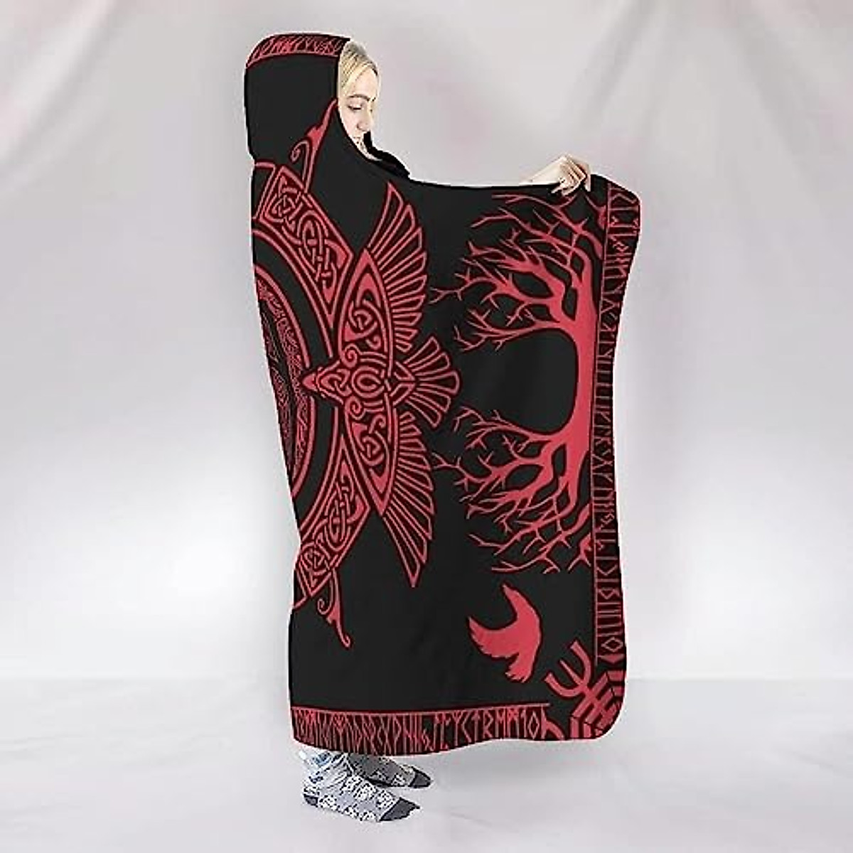 Norse Mythology 3D Printing Hooded Blanket Warm Soft Raven Tree Of Life Rune Unisex Winter Wearable Hooded Blanket Double Thick Plush Wool Blanket Cape ( Color : Blanket , Size : 80x60in/150x200cm )