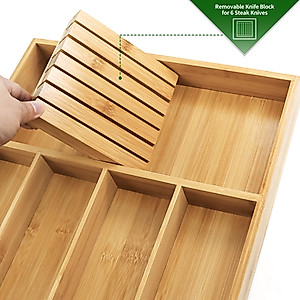 VaeFae Bamboo Silverware Organizer, Utensil Holder for Drawer, Wooden Cutlery Tray with Divider for Kitchen, Flatware Storage and Removable Knife Block, 13 x 17 inches