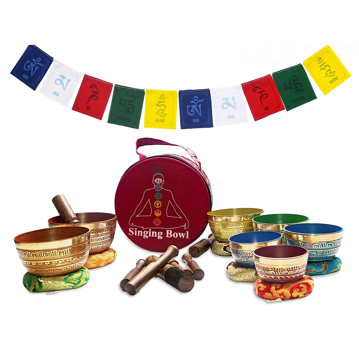 Khusi Tibetan Singing Bowl Set of 7, Handmade, 7 Colors Singing Bowl, Chakra healing, Relaxation, Stress Relief and Spiritual Singing Bowl, Comes w/silk cushions, 4 sticks and Brocade Box