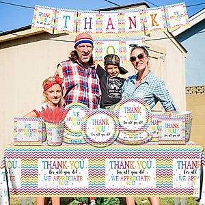 142Pcs Thanksgiving Paper Plates and Napkins Sets Thank You Party Decorations We Appreciate You Plates and Napkins Set with Cups Tablecloth and Banner Appreciation for Employee Teacher Doctor Parents