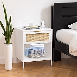 Anmytek White Nightstand with Rattan Decor Drawer, Mid Century Modern End Table with Open Storage, Farmhouse Night Stand, Small Side Table for Bedroom