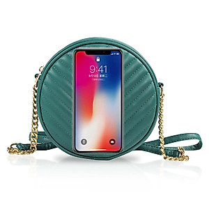 RCFJ b y K L A N D Round Crossbody Bag for Women,PU Leather Shoulder Bag with Metal Chain Strap, Cellphone Purses with Zipper
