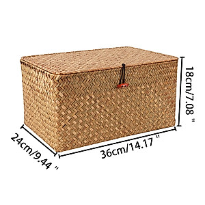 Moosky Wicker Shelf Baskets with Lid,Natural Seagrass Storage Basket Boxes Handwoven Rectangular Baskets Bins Multipurpose Home Organizer Decor (Large)