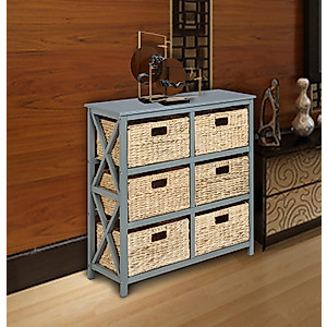 eHemco 3 Tier X-Side End Storage Cabinet with 6 Wicker Baskets, Gray
