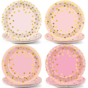 CHUNNIN 48 Pcs Pink and Gold Party Paper Plates Pink Party Supplies 7 In Gradient Pink Party Dinner Plates Pink Gold Party Disposable Plates for Birthday Wedding Baby Shower Bridal Party Decorations