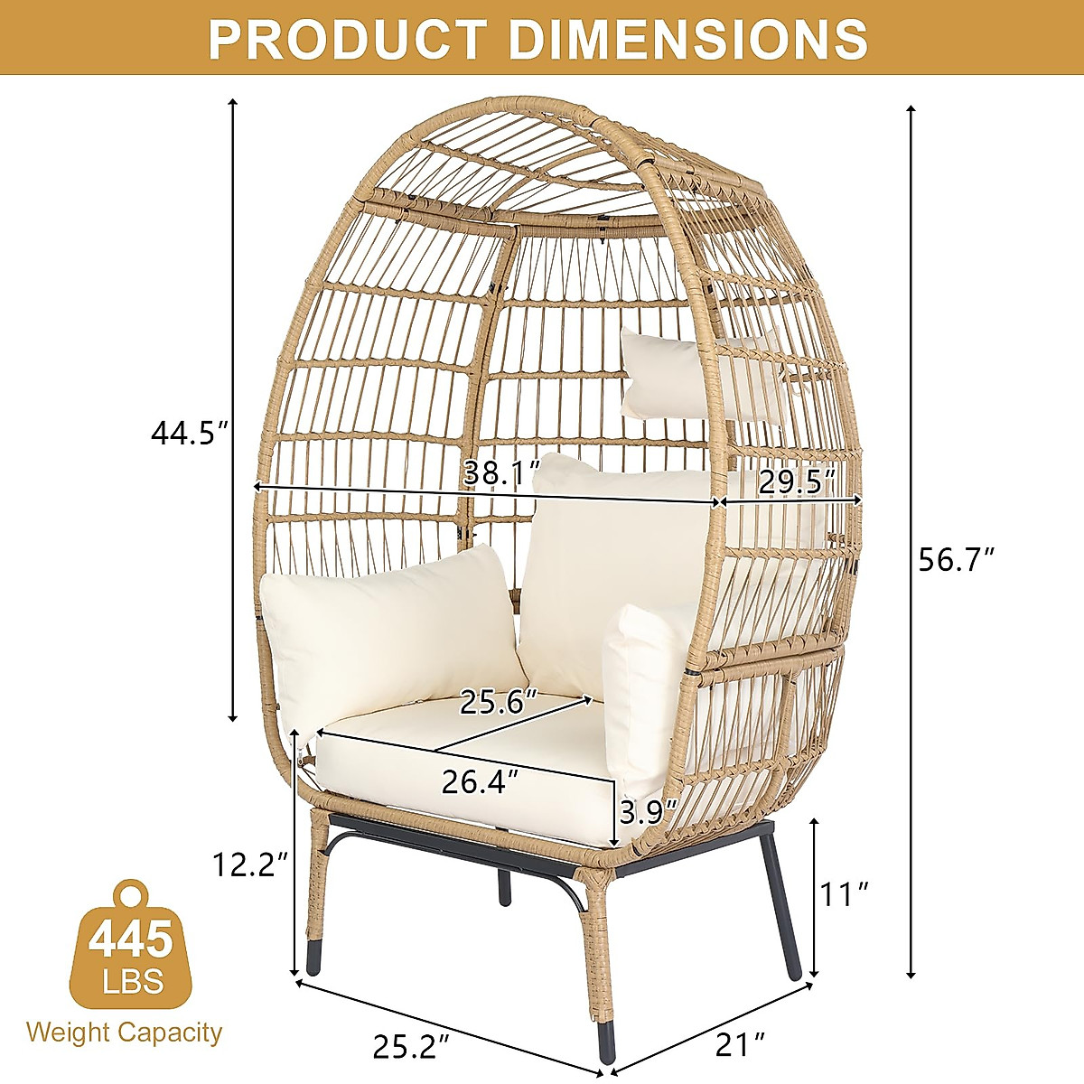 VINGLI Outdoor Egg Chair Oversized 1 Piece Egg Lounger Chair with Cushions, Wicker Egg Chair for Indoor Porch, Backyard, Living Room, Balcony, 440lb Capacity