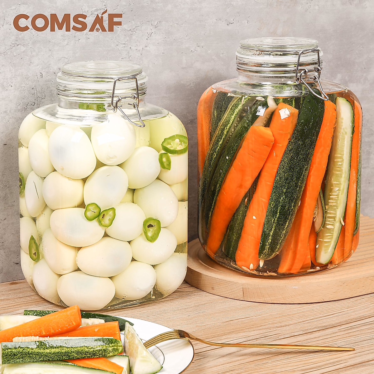 ComSaf 1 Gallon Glass Jar with Lid, 128oz Glass Jars with Airtight Lid Set of 2, Square Mason Jars, Large Storage Containers with Lids for Canning, Fruit juice, Flour, Sugar, Rice, Pickled Egg