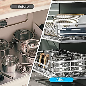 Pull Out Cabinet Drawer Organizer 2-Tier 304 Stainless Steel Wire Basket Pull Out Shelf Storage Organizer Heavy Duty Telescopic Shelving Slide Out Storage for Kitchen Base Cabinet, Cupboard, Pantry (B