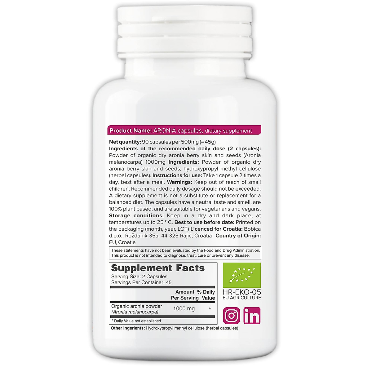 b Bobica Organic Aronia Berry Capsules, Chokeberry Capsules, Antioxidant Superfood, High in Flavonoids, Polyphenols, Immunity, 500 mg, 90 Vegan caps