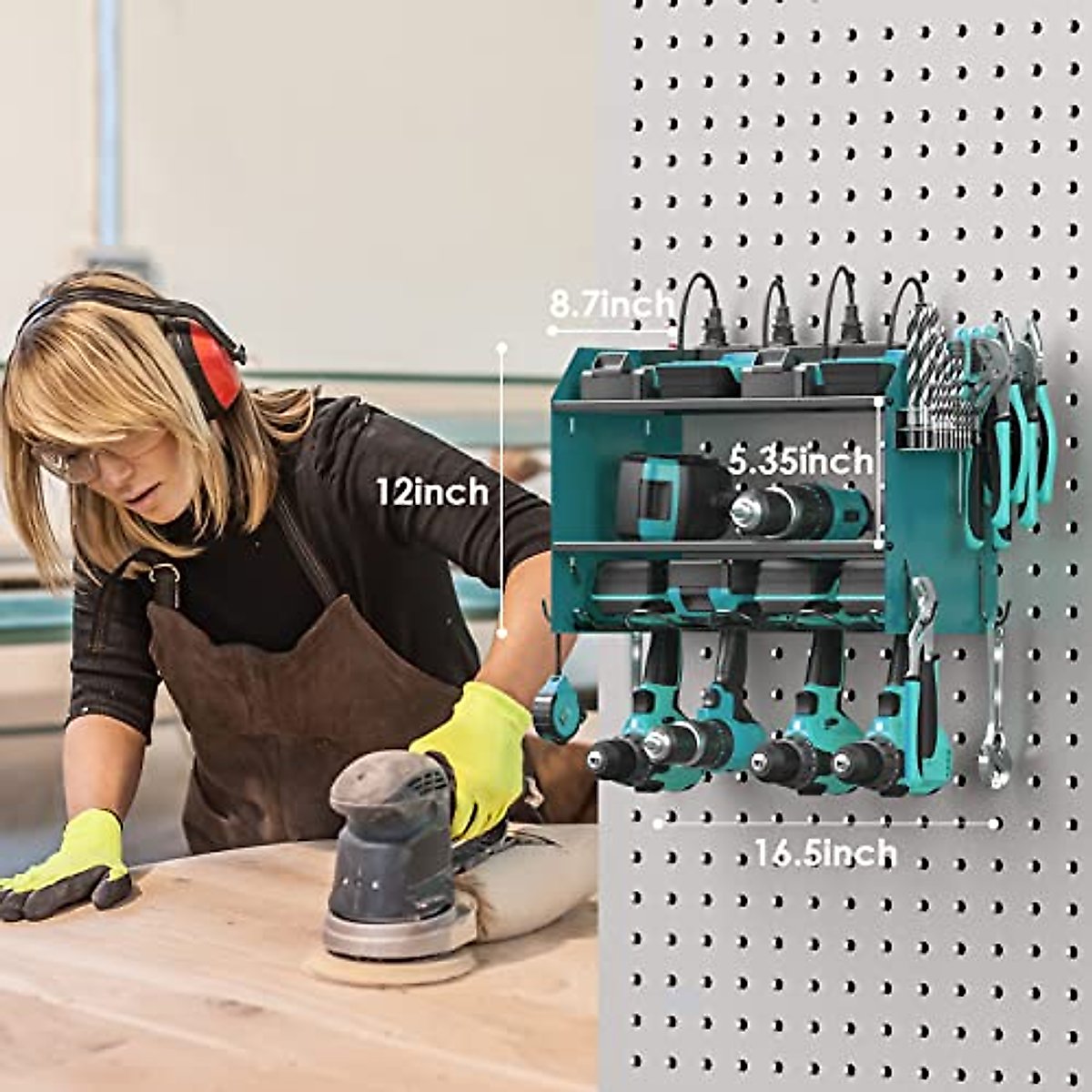 CCCEI Modular Power Tool Organizer Wall Mount with Charging Station. Garage 4 Drill Storage Shelf with Hooks, Screwdriver, Drill Bit Heavy Duty Rack, Tool Battery Holder Built in 8 Outlet Power Strip.
