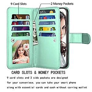 Njjex Compatible with iPhone 12 Mini Case/iPhone 12 Mini Wallet Case 5.4" (2020), [9 Card Slots] PU Leather ID Credit Holder Folio Flip [Detachable] Kickstand Magnetic Phone Cover & Lanyard -Turquoise