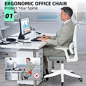 Ergonomic Office Chair Lumbar Support, High Back Office Chair with Adjustable Headrest and Arms, Mesh Computer Desk Chair Tilt Function, Swivel Task Chair 300lbs for Home Office, Grey