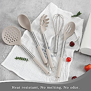 Hvygss Kitchen Utensil Set, 28 Pcs Silicone Cooking Utensils Set, Stainless Steel Handle Silicone Spatula Set with Silicone Whisk, Tongs, Ladle, Scissors, Measuring Cups and Spoons Set (Khaki)