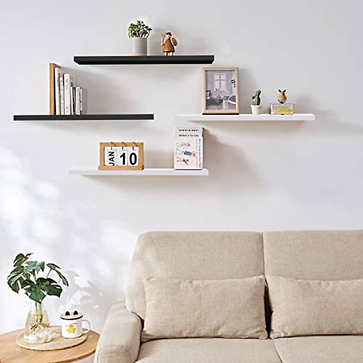 OYUGET Black Floating Shelves, 15.7 Inch Rustic White Wall Shelves, Wood Shelves for Wall Storage Decor, Farmhouse Wall Mounted Shelves for Bedroom Bathroom Living Room Kitchen Set of 4