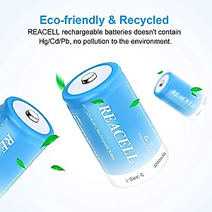 REACELL Rechargeable C Cell 5000mAh, C Size Rechargeable Batteries Long Lasting C Batteries with Storage Case, 4 Counts