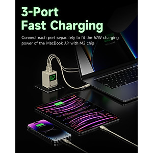 SHARGE USB C Charger, Retro 67 Power Display 3-Port Fast GaN Charger with Digital Rain, 67W Foldable Wall Charger for Phone 14/Pro Max/13, iPad, MacBook, Galaxy, Google Pixel Gifts Idea