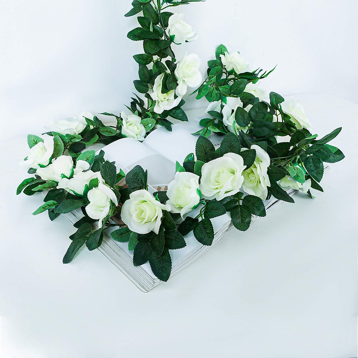 Luyue 2Pack-15ft Fake Rose Vine Garland Artificial Flower Vines Arch Floral Hanging Garlands Decoration Silk Roses for Home Wedding-White