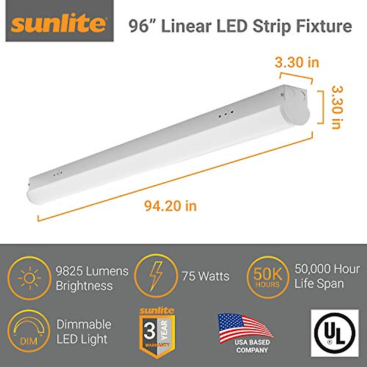 Sunlite 85484-SU 96-Inch Linear LED Strip Fixture, 75 Watts (1,000W Equivalent), 120-277 Volts, Dimmable, 9825 Lumens, UL Listed, DLC Listed, Commercial or Residential Use, 50K - Super White