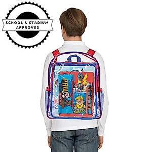 Large Clear Backpack for Kids with School Supplies Set, 16 inch Stadium Approved Transparent Bag, Red and Blue