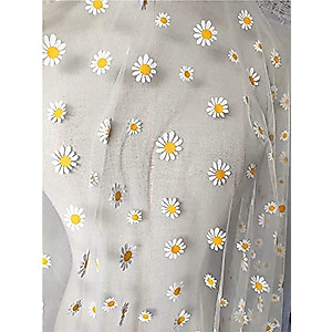 59" Width Tulle Lace Fabric Daisy Flower Print Fabric for for DIY Dress Costume Design Accessories Flower Girl Women Gown Wedding Dress Home Decor (3 Yard, White)
