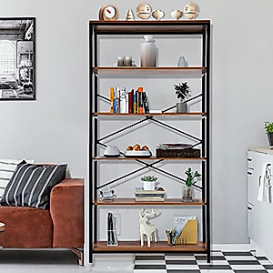 6 Tier Industrial Bookshelf 71" Tall Open Bookshelves and Bookcases Vintage Standing Storage Shelf Freestanding Display Shelf for Living Room Bedroom-Black Metal Frame & Wood(US Stock)