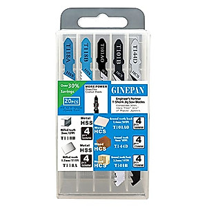 20PCS T Shank Jigsaw Blades Tool for Wood Plastic Metal Compatible with 90% Power Jig Saws Such as Bosch DEWALT RYOBI One+ Makita SKIL Black+Decker Includes 4 Each of T101B T101AO T144D T118A & T118B